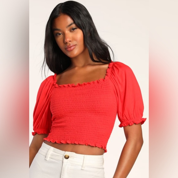 Lulus | Tops | Lulus Loving The Day Red Smocked Puff Sleeve Top | Poshmark